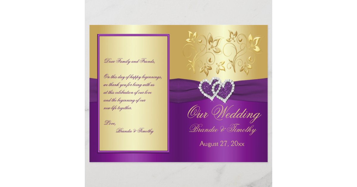 Purple and Gold Joined Hearts Wedding Program | Zazzle