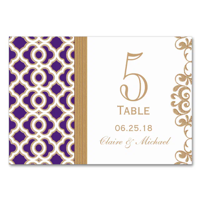 Purple and Gold Moroccan Wedding Table Number | Zazzle