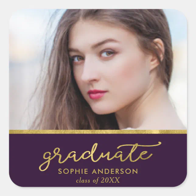 Purple and Gold Photo Graduate Graduation Square Sticker | Zazzle