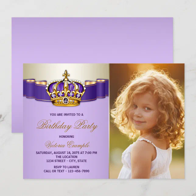 Purple and Gold Princess Birthday Party Invitation | Zazzle