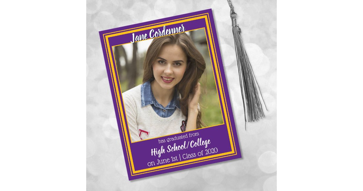 Purple and Gold School Colors Photo Graduation Announcement Postcard ...