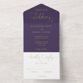 Purple And Gold Script Hearts Minimalist Wedding All In One Invitation | Zazzle