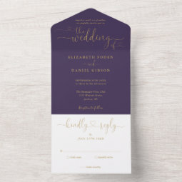 Purple And Gold Script Hearts Minimalist Wedding All In One Invitation | Zazzle