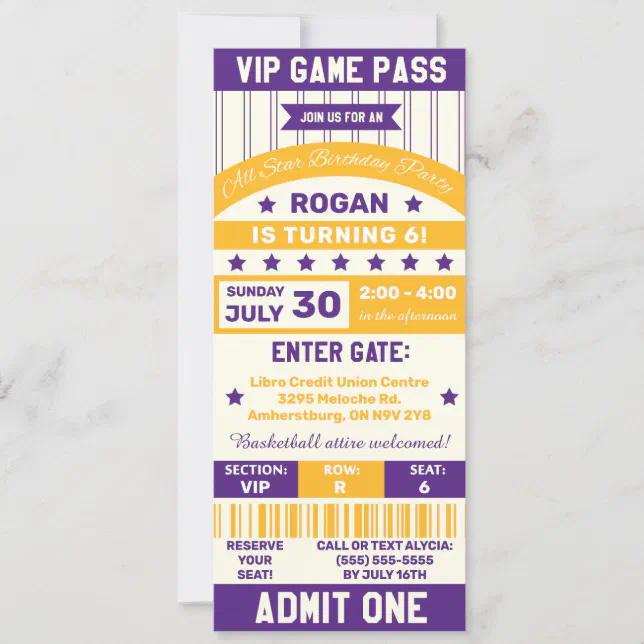 Purple and Gold Sports Team Ticket Birthday Party Invitation | Zazzle