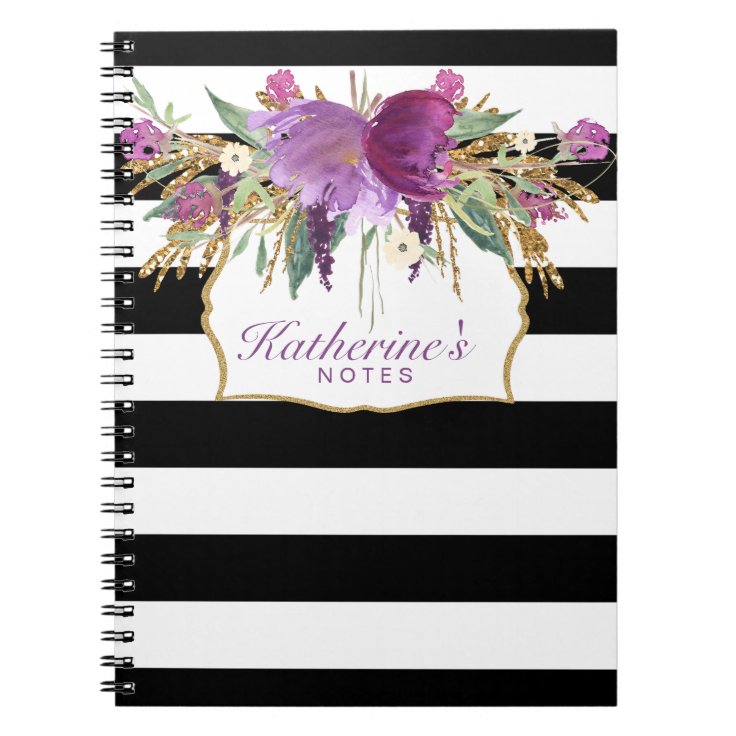 Purple and Gold Watercolor Flowers Notebook | Zazzle