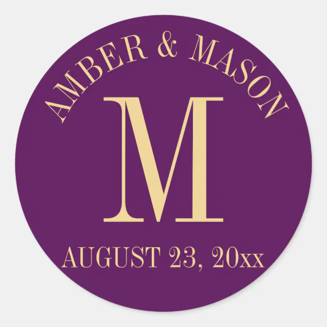 Purple and Gold Wedding Monogram Classic Round Sticker | Zazzle