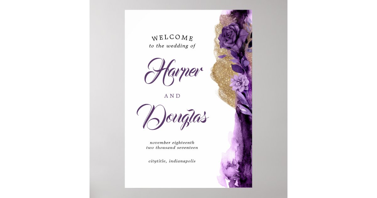 Purple and Gold Wedding Welcome Sign | Zazzle