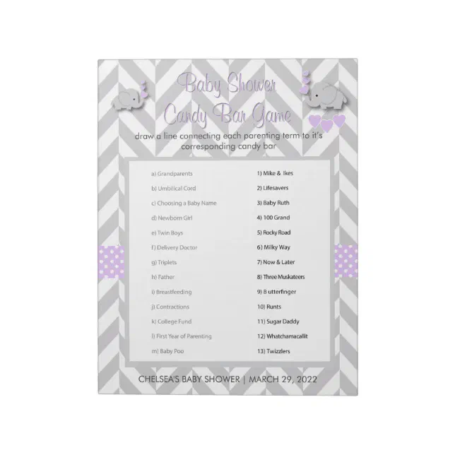 Purple and Gray Elephant Baby Shower Game Notepad | Zazzle