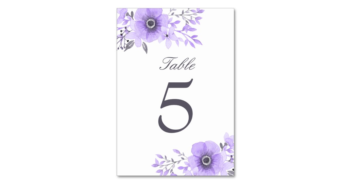 Purple and Gray Watercolor Floral Wedding Table Number | Zazzle
