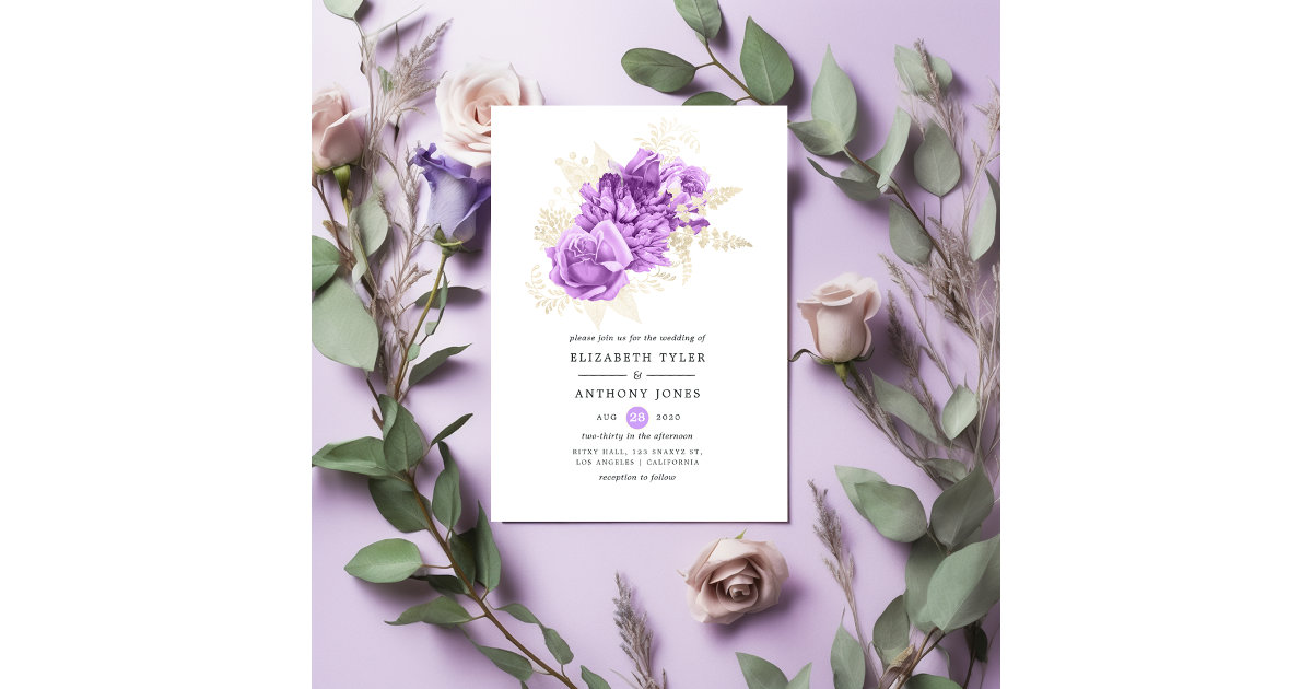 Purple and Ivory Floral Wedding Invitation | Zazzle