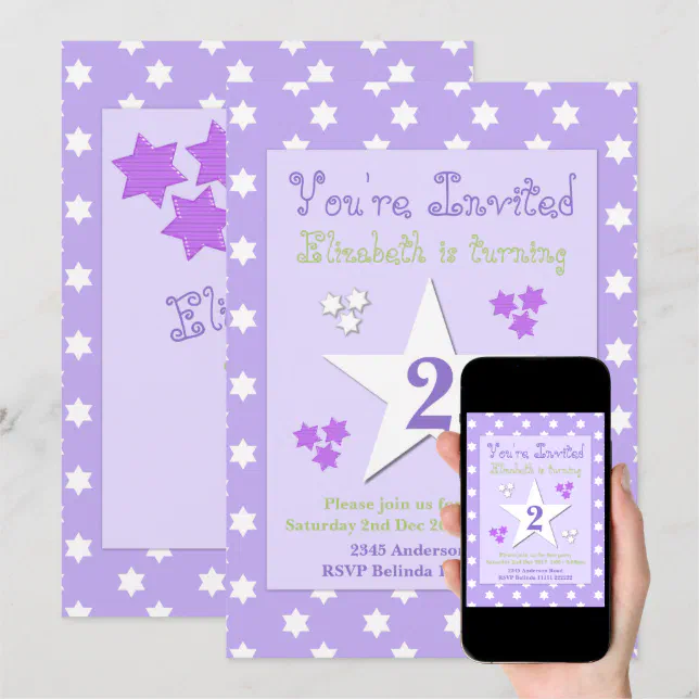 Purple and lilac with stars birthday party invitation | Zazzle