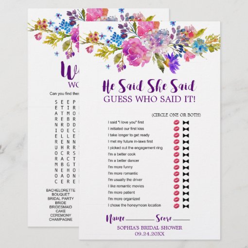 Purple and Pink Flowers "He Said She Said" Game | Zazzle