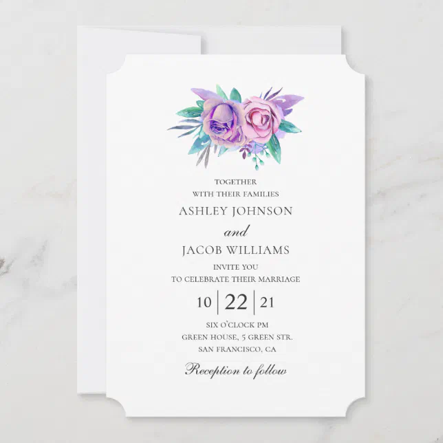 Purple and pink flowers. Watercolor floral wedding Invitation | Zazzle