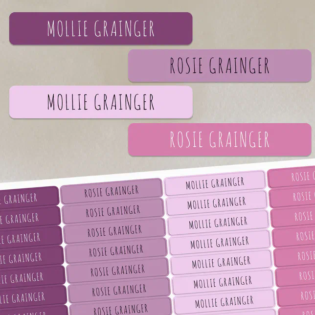 Purple and Pink Girl's Skinny Font Waterproof Kids' Labels | Zazzle