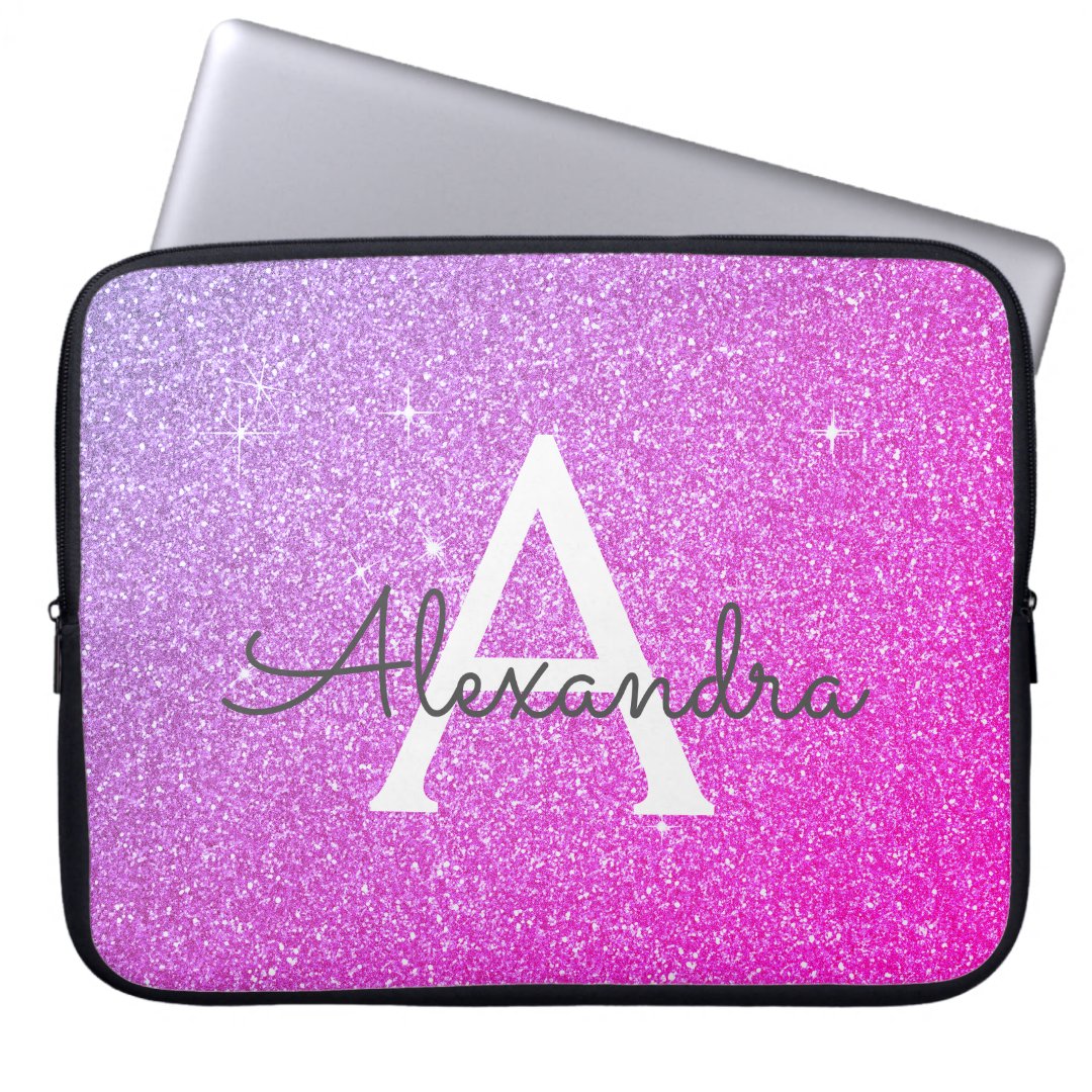 Purple and Pink Glitter and Sparkle Monogram Laptop Sleeve | Zazzle