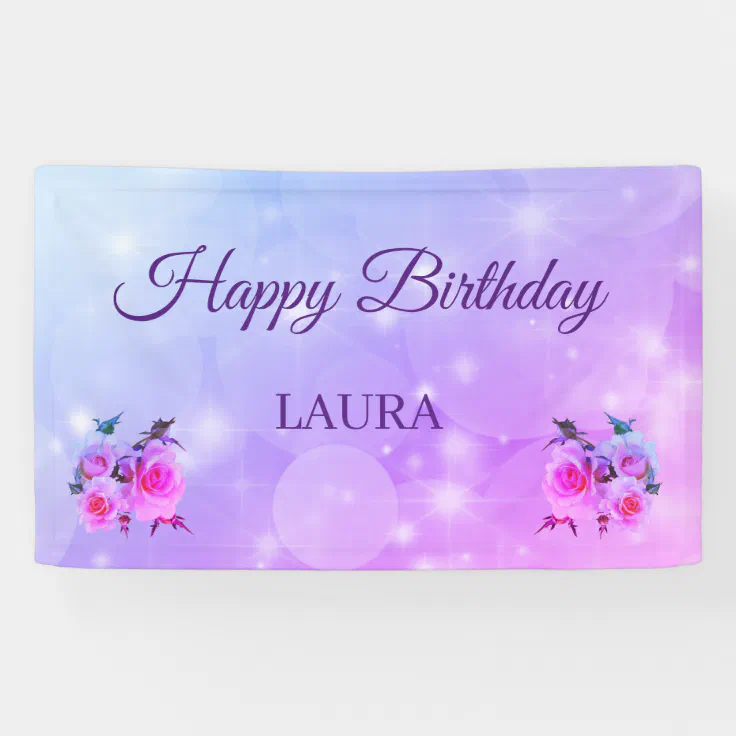 Purple and Pink Roses Personalised Happy Birthday Banner | Zazzle