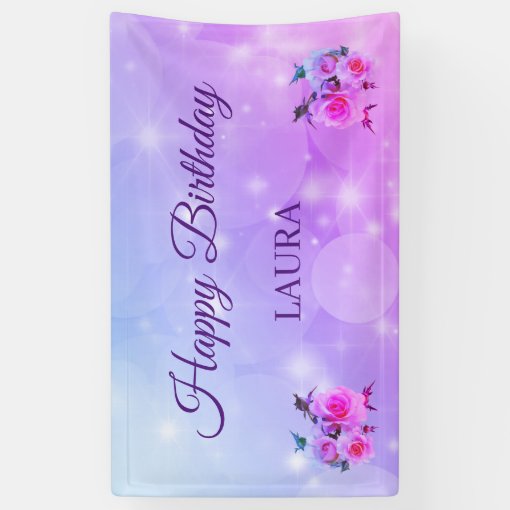 Purple and Pink Roses Personalised Happy Birthday Banner | Zazzle