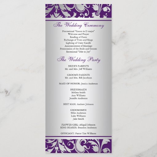 Purple and Silver Damask Swirls Wedding Program | Zazzle