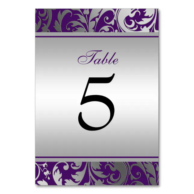 Purple and Silver Damask Swirls Wedding Table Number | Zazzle