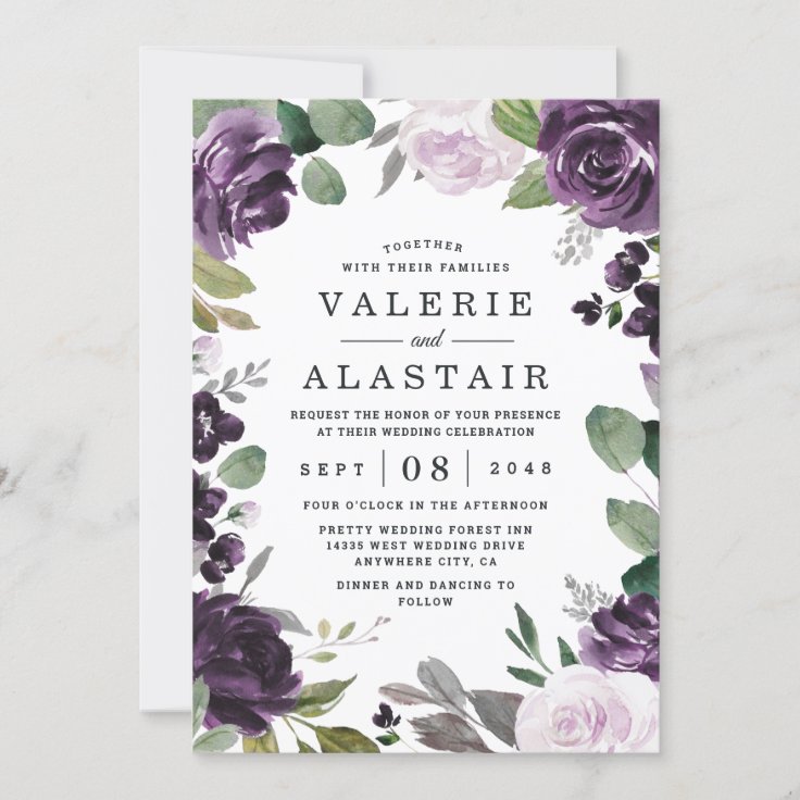 Purple and Silver Elegant Floral White Wedding Invitation | Zazzle