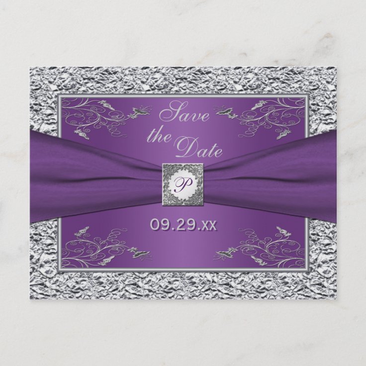 Purple and Silver Floral Save the Date Card | Zazzle