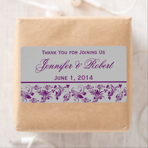 Purple and Silver Floral Scroll Water Bottle Label | Zazzle