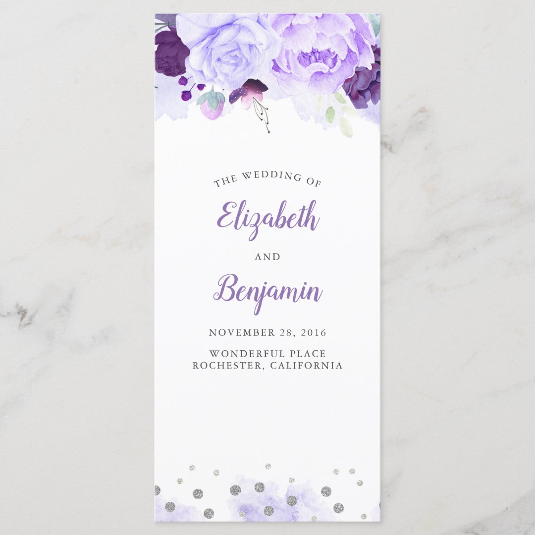 Purple and Silver Floral Wedding Programs | Zazzle