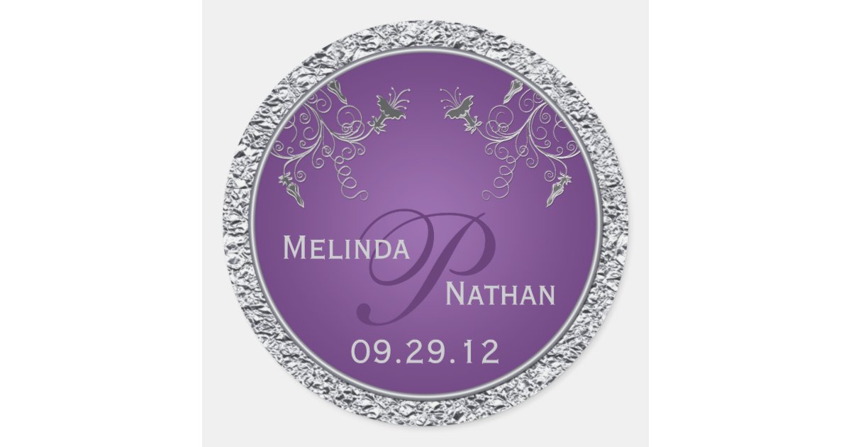 Purple and Silver Foil Floral Monogrammed Sticker | Zazzle