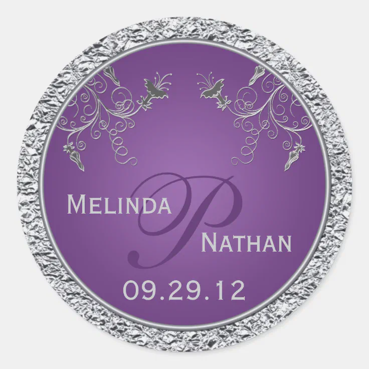 Purple and Silver Foil Floral Monogrammed Sticker | Zazzle