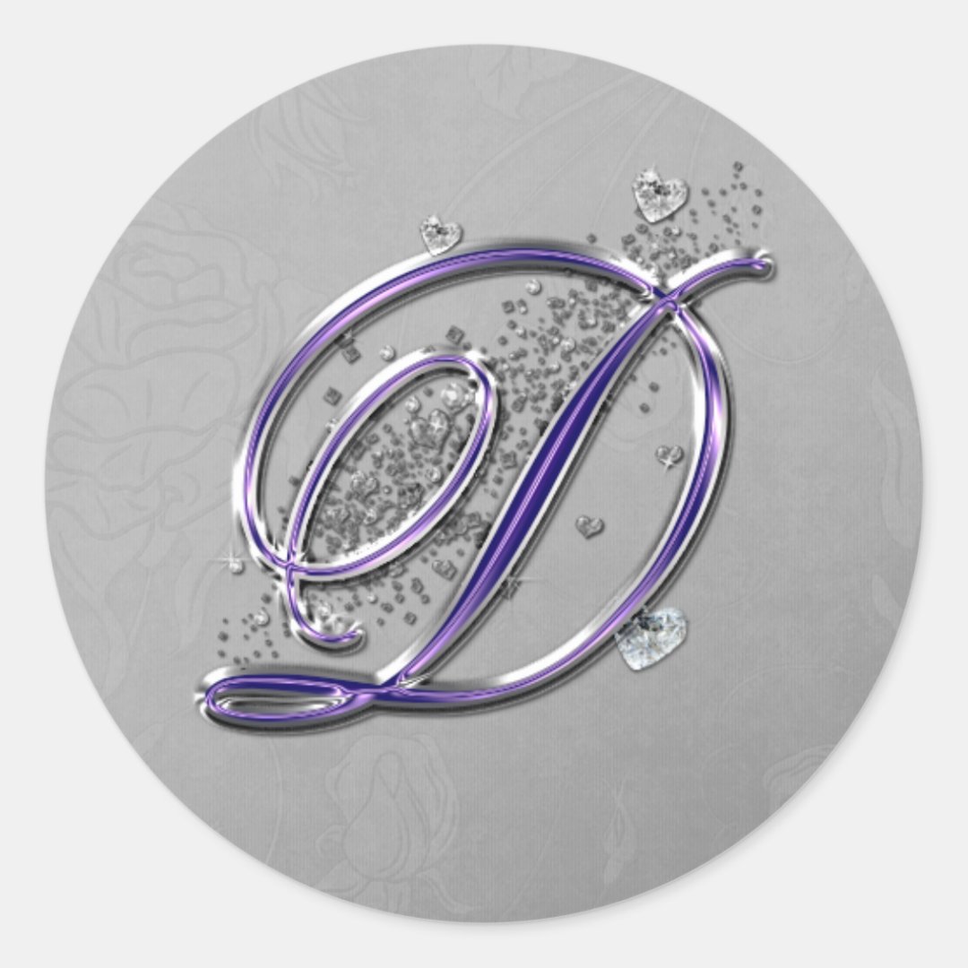 Purple and Silver Glitter Fancy Script Monogram D Classic Round Sticker ...