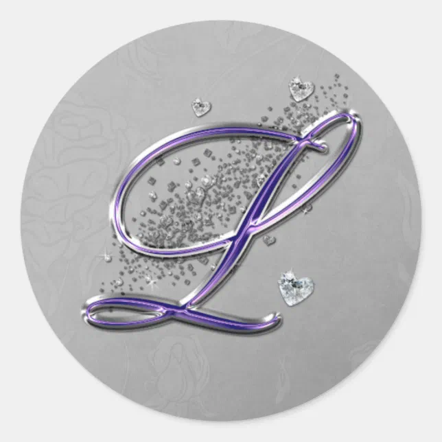 Purple and Silver Glitter Fancy Script Monogram L Classic Round Sticker ...