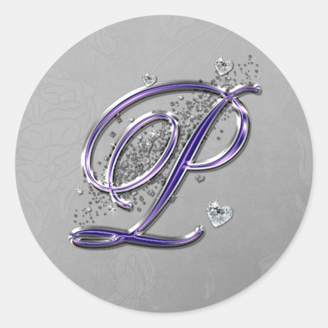 Purple and Silver Glitter Fancy Script Monogram P Classic Round Sticker ...