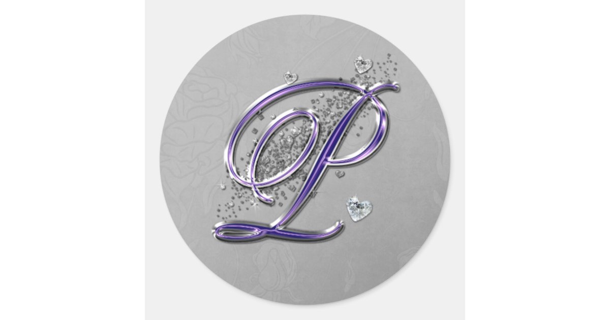 Purple and Silver Glitter Fancy Script Monogram P Classic Round Sticker ...