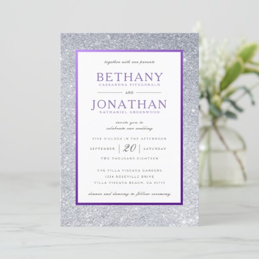 Purple and Silver Glitter Wedding Invitation | Zazzle