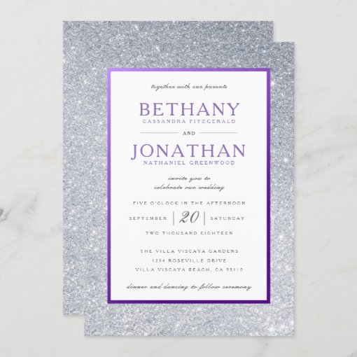 Purple and Silver Glitter Wedding Invitation | Zazzle