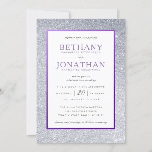 Purple and Silver Glitter Wedding Invitation | Zazzle