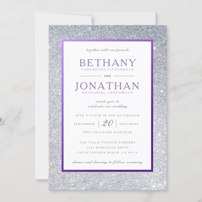 Purple and Silver Glitter Wedding Invitation | Zazzle