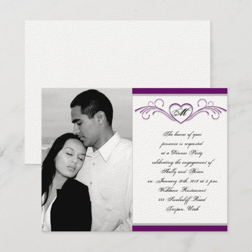 Purple and Silver Heart Scroll Monogram Engagement Invitation | Zazzle