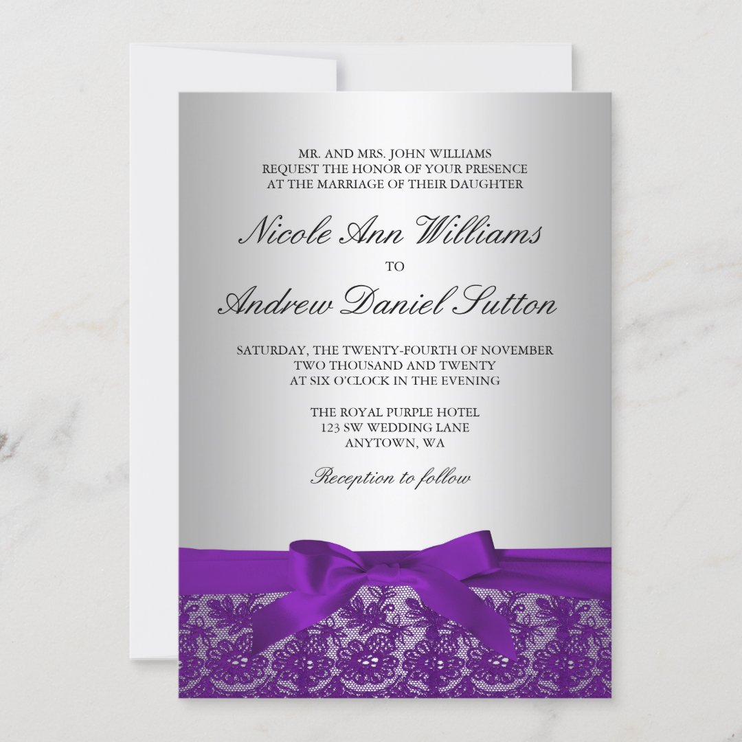 Purple and Silver Lace Wedding Invitation | Zazzle