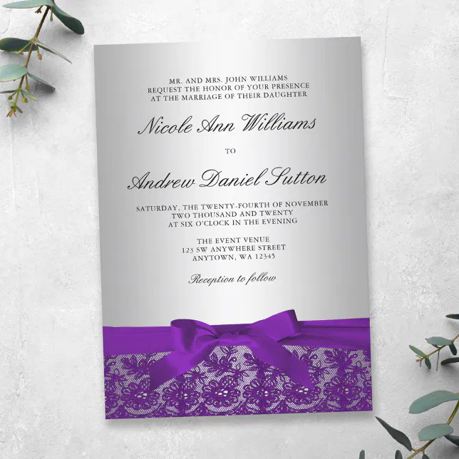 Purple and Silver Lace Wedding Invitation | Zazzle