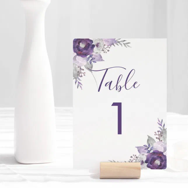 Purple and Silver Watercolor Floral Table Number | Zazzle