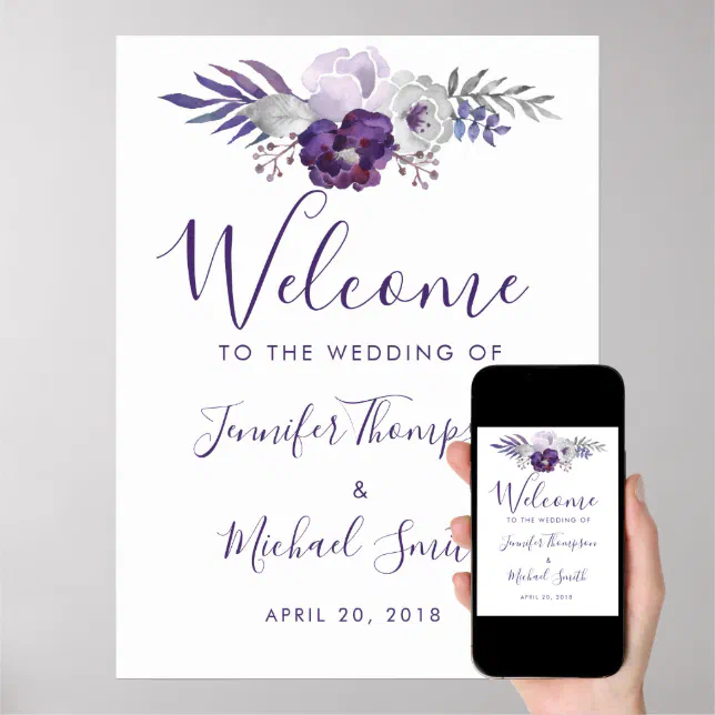 Purple and Silver Watercolor Floral Wedding Poster | Zazzle