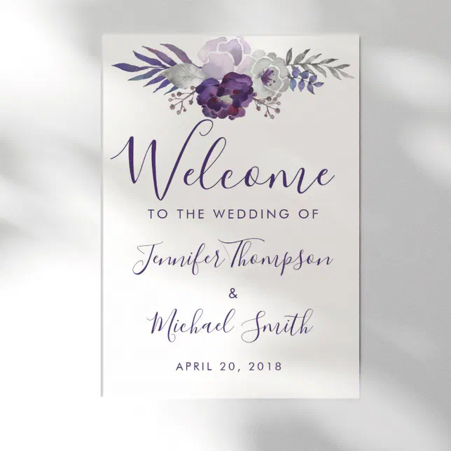 Purple and Silver Watercolor Floral Wedding Poster | Zazzle