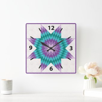 Purple and Teal Lone Star Quilt Design Square Wall Clock | Zazzle