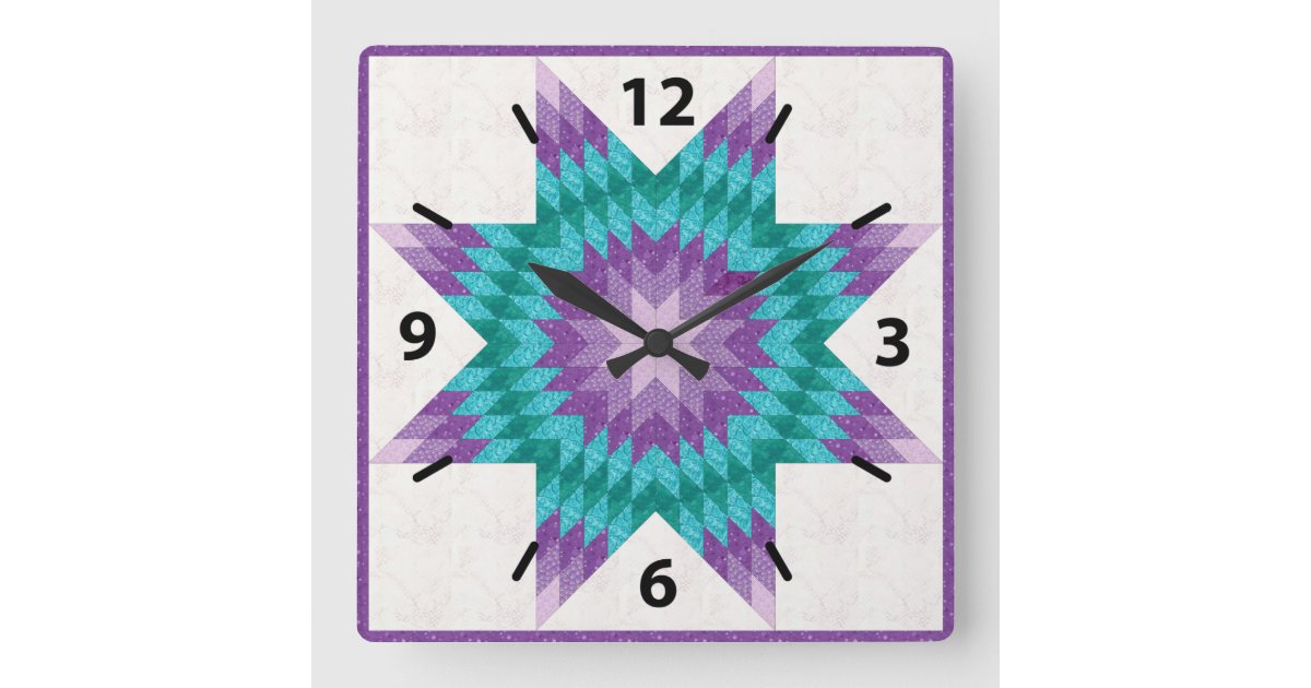 Purple and Teal Lone Star Quilt Design Square Wall Clock | Zazzle