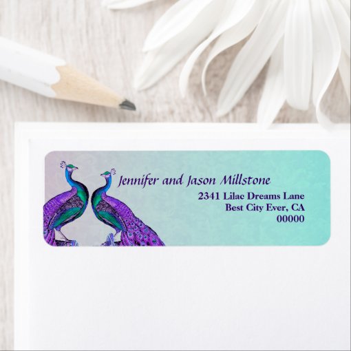 Purple and Teal Vintage Peacocks Wedding Label | Zazzle