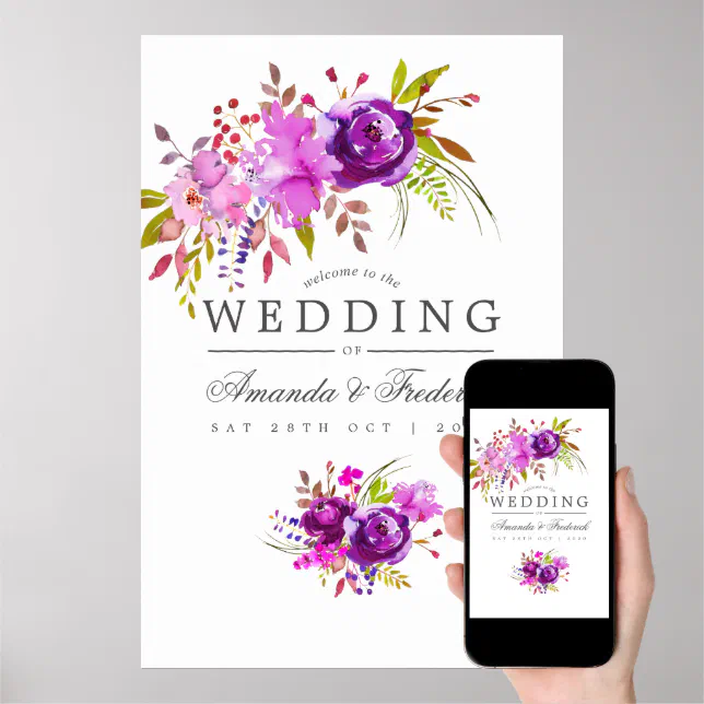 Purple and Violet Watercolor Wedding Welcome Poster | Zazzle