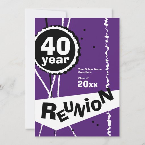 Purple and White 40 Year Class Reunion Invitation | Zazzle