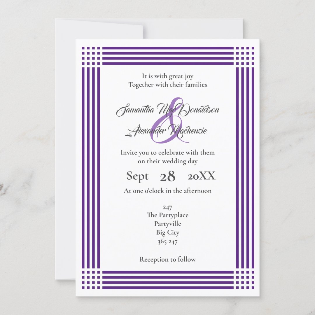 Purple and white bordered wedding invitation | Zazzle