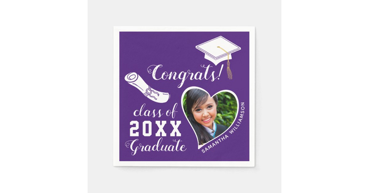 Purple and White Class 2023 Grad Photo Graduation Napkins | Zazzle